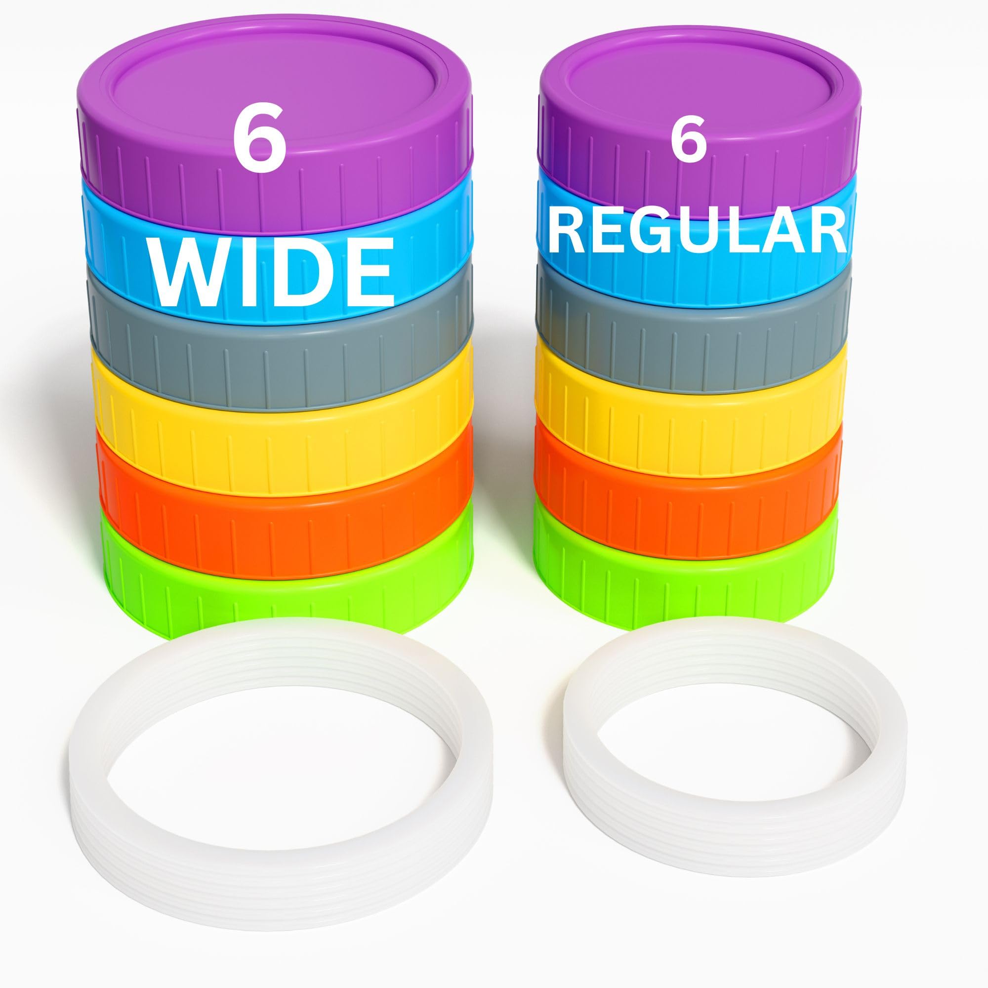 HELPFUL HOME Mason Jar Lids, Canning Lids - Leakproof, Easy to Use, Versatile Usage, Bright & Colorful, Dishwasher Safe, Fits BALL, KERR & More, Pack of 12 (6 Wide Mouth & 6 Regular Mouth)
