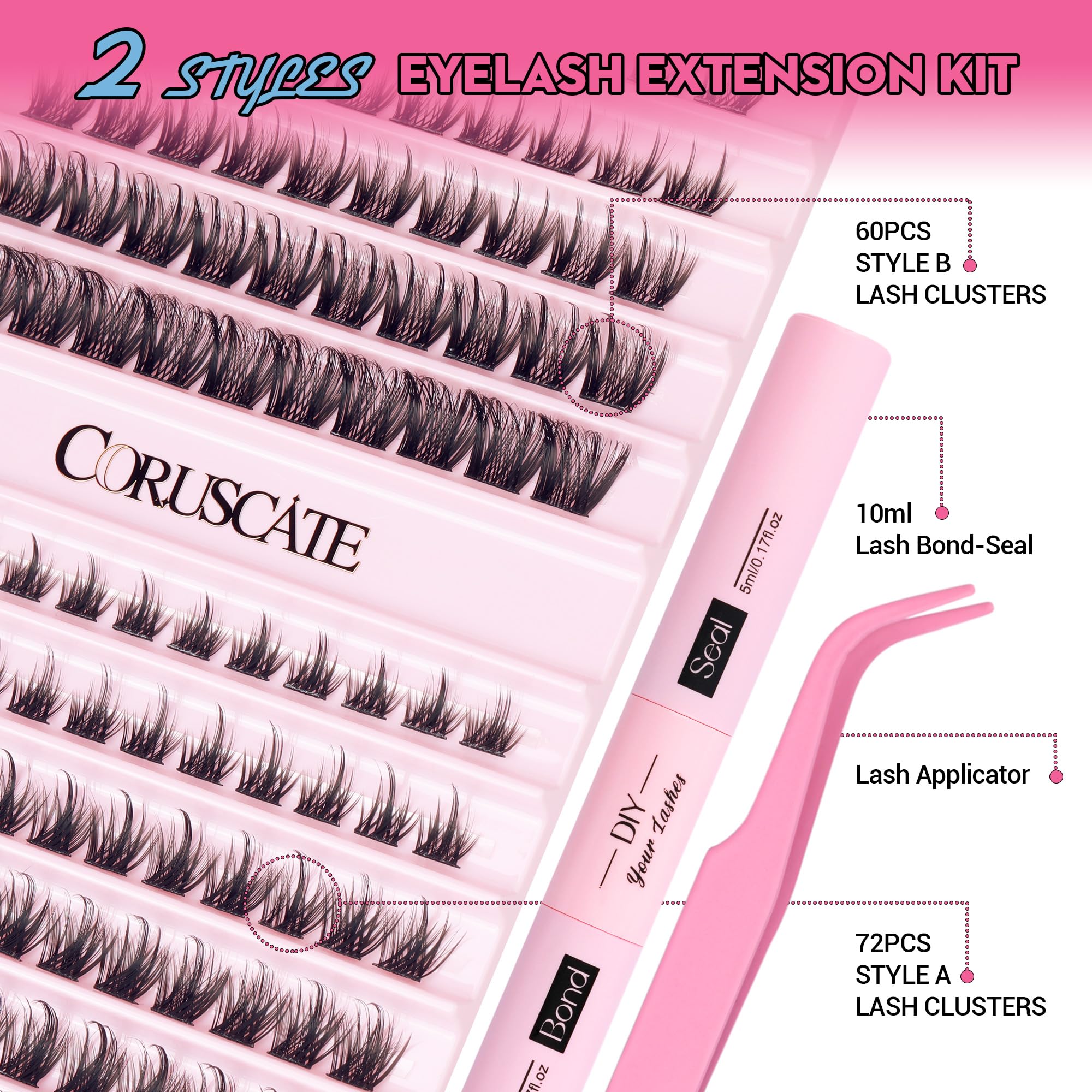 DIY Lash Extension Kit 2 Styles Lash Clusters 132pcs Eyelash Extension Kit D Curl Individual Lashes Wispy 8-16mm Eyelash Clusters Lash Kit with Lash Bond and Seal Lash Tweezers for Eyelash Extension