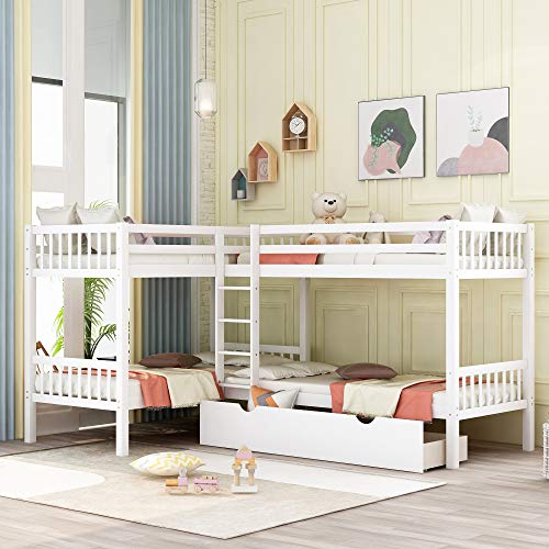 HYC L-Shaped Bunk Bed with Drawers, Bunk Bed for 4 Twin Over Twin for Boys Girls Kids Teen Wood Quad Bunk Beds Frame, White