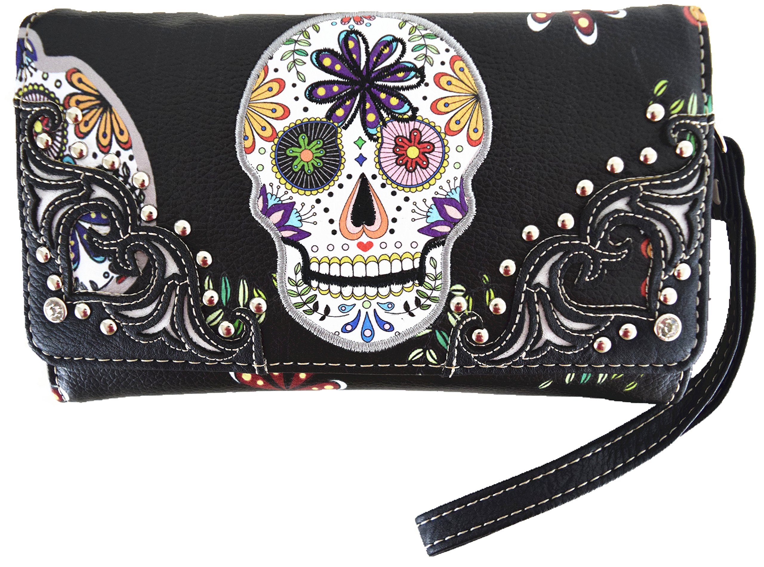 Western Style Sugar Skull Studded Country Purse Single Shoulder Bag Clutch Women Blocking Wristlet Wallet (Fuchsia)