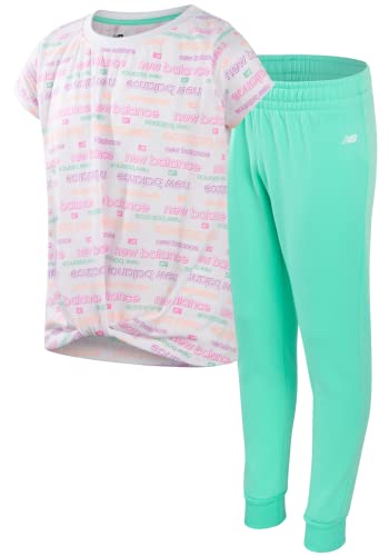 New Balance Girls' Jogger Set - Short Sleeve Performance T-Shirt and Sweatpants (7-16), Size 7-8, White Mint
