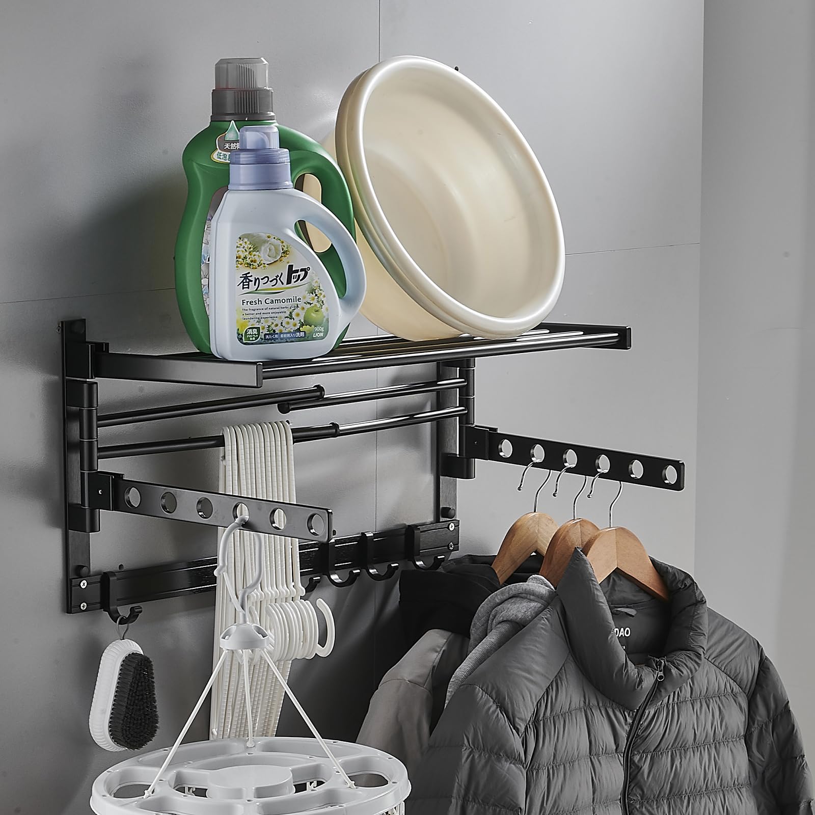 KIJINOGF Laundry Drying Rack with 6 Swing Arms Wall-Mounted Swivel Clothes Dryer Rack 2 Swivel Bars with 6 Holes, Space Saver Foldable Laundry Room Organizer, Aluminum 15.8" 1 Pack(Black)