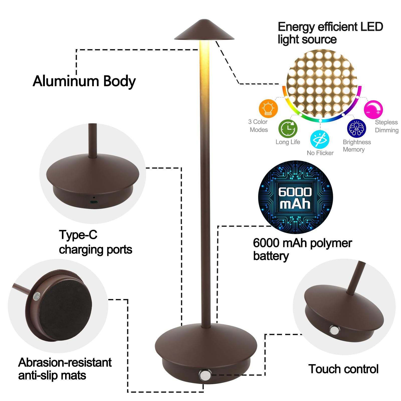 Cordless Bedside Table Lamp, Portable Battery Operated Table Light, Rechargeable Led Desk Lamp, 3 Way Dimmable Nightstand Lamp, Night Light for Bedroom Dining Living Room Bar Camping Patio (Black 1)