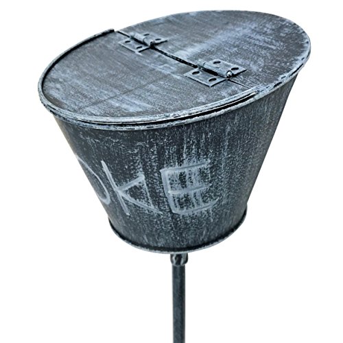Outdoor Smoke Ashtray, Lidded Bucket on Stake with Prong Post, Garden Party Style, Gray Lacquered Iron, Rustic and Weathered Patina, 6 D x 43 1/4 H Inches