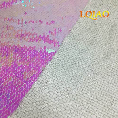 LQIAO 1Y Sequin Fabric Iridescent Pink White Sparkly Reversible Sequin Fabric for Sewing Mermaid Flip Up Large Sequin Fabric by The Yard Drawer/Cube/Tablecloth/Home/Dress/Fans DIY