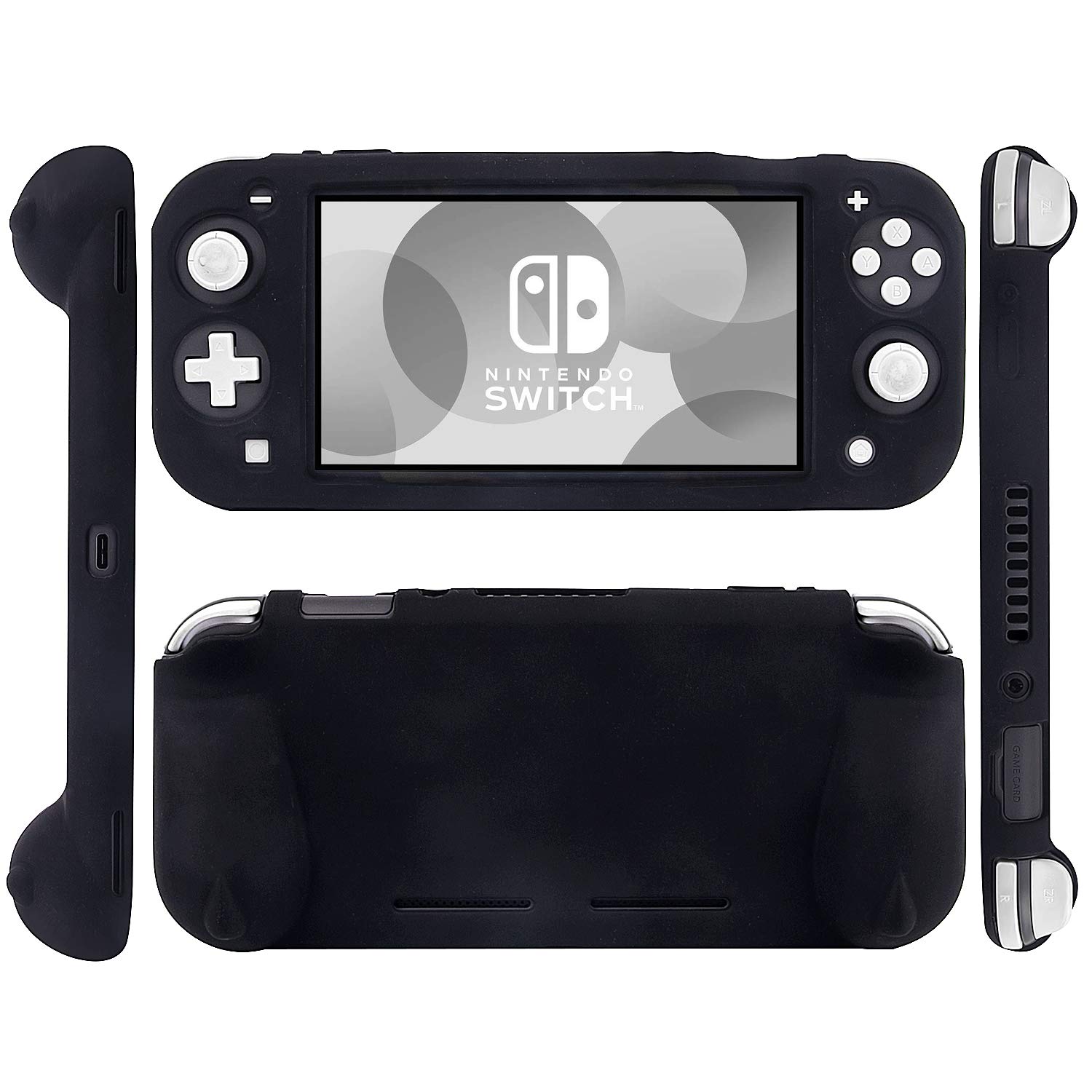 Silicone Protective Case for Nintendo Switch Lite, Soft Grip Case Cover with Comfort Ergonomic Handles for Nintendo Switch Lite 2019 [Self Stand][4 Thumb Stick Caps] (Black)