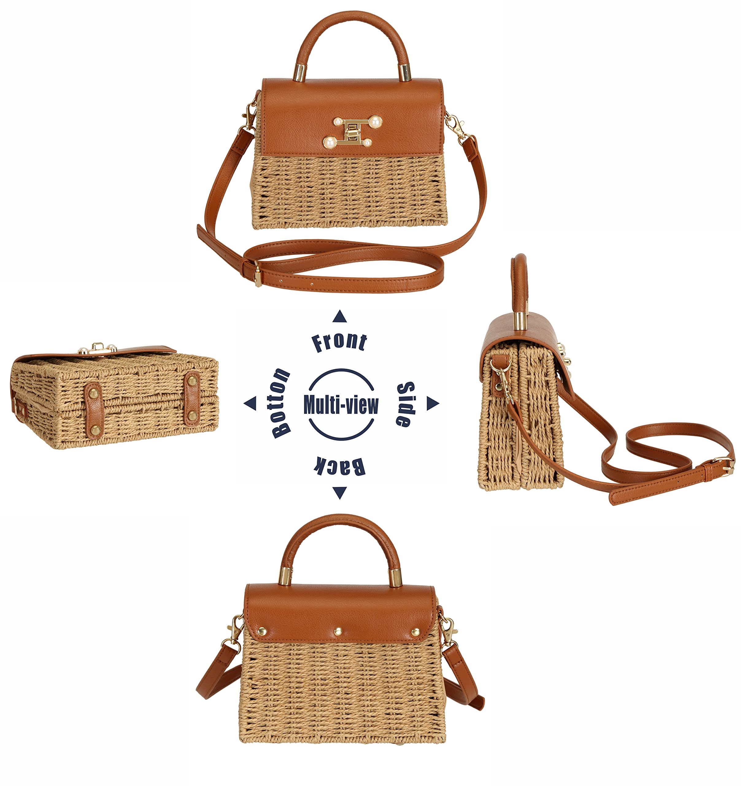 FUSMIC Women's Handbag Straw Handmade Decorative Buckle Square Rattan Weave Shoulder Bag Khaki