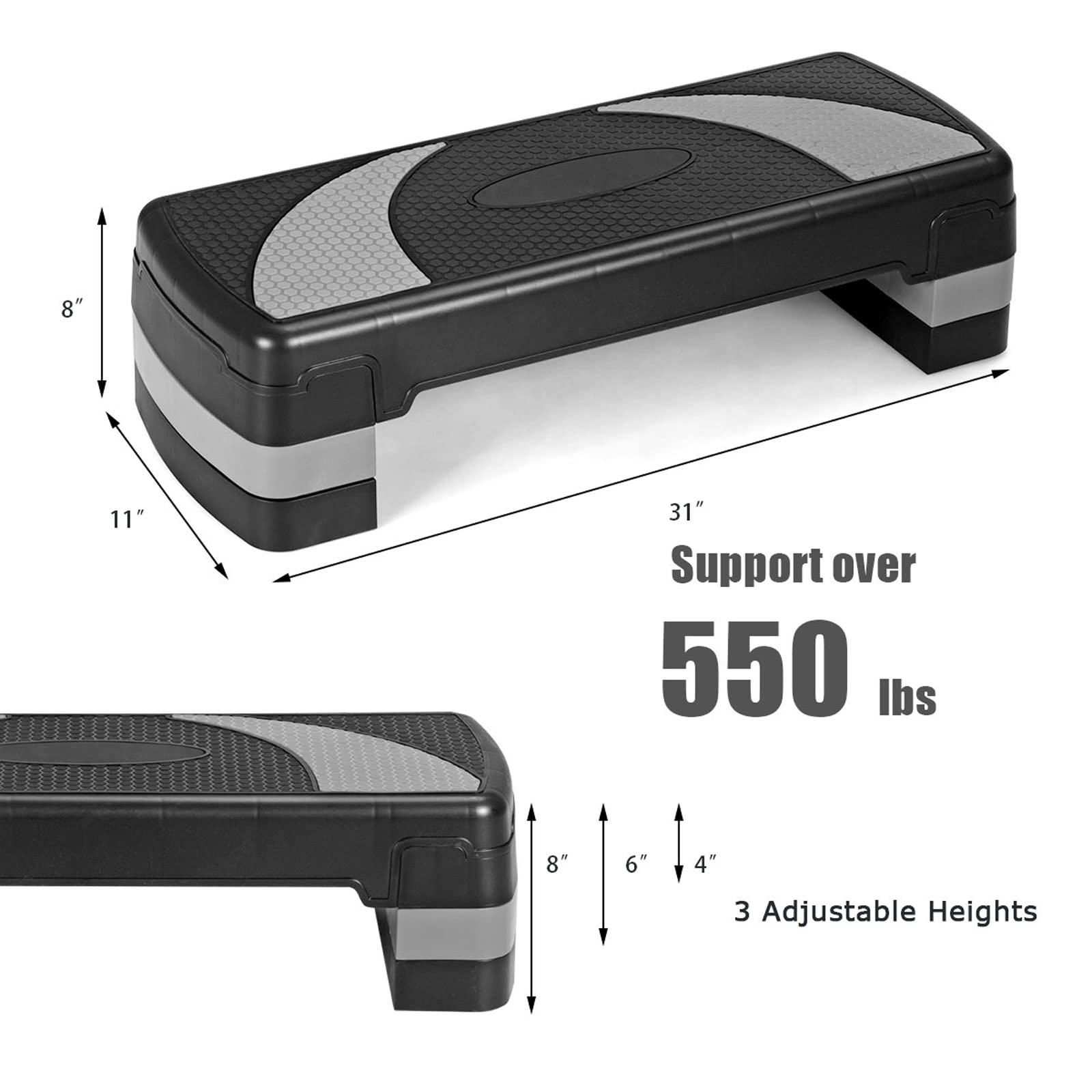 COSTWAY 27" Fitness Platform Aerobic Stepper with Risers-Adjustable from 4" to 6" Exercise Stepper Home Gym