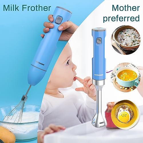 Cordless Hand Blender, OUTRONSM Immersion Blender Rechargeable, with Charging Cable, 500ml Chopper, 600ml container, Egg Whisk, for Smoothies, Milkshakes, Baby Food and Soups β Blue