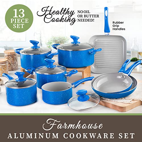 Granitestone Pots and Pans Set Nonstick, 13 Piece Complete Kitchen Cookware Set, Includes Nonstick Pots and Pans Set with lids & Grill Pan, Dishwasher Safe, Healthy and 100% PFOA Free โ Blue