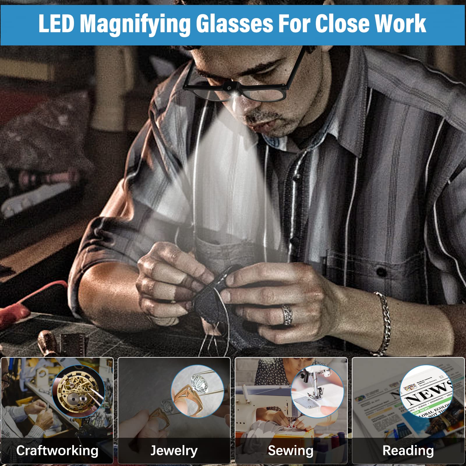 Delixike 200% Magnifying Glasses with Light,LED Lighted Magnification Eyeglasses, Bright Sight Hands Free Magnifier for Close Work, Jewelry,Craft, Reading, Hobby