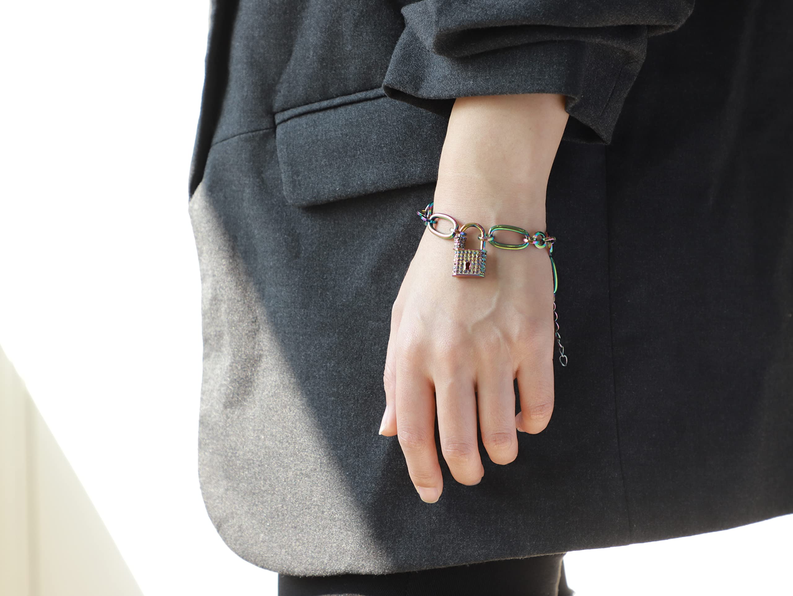 Donabus Statement Bracelet,Anodized Plated-Rainbow Bracelets,Oil Slick Chain Link Bracelet Charms for Unisex(Pad Lock)