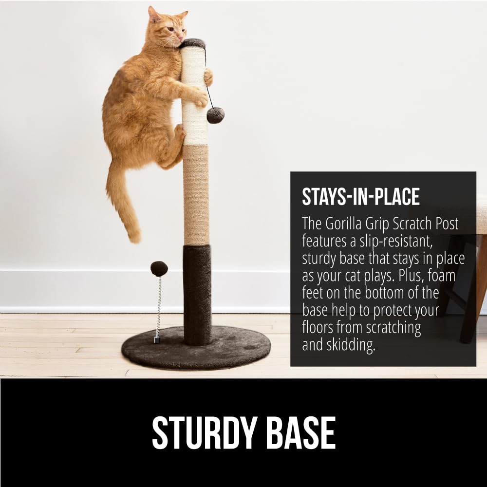 Gorilla Grip Heavy Duty Cat Scratching Post, All Natural Rope, Plush Carpet Secure Base Indoor Scratcher Cats, Kitten Nail File Tower, Spring and Rope Balls, Tall Sturdy Toy for Adults, Small Gray