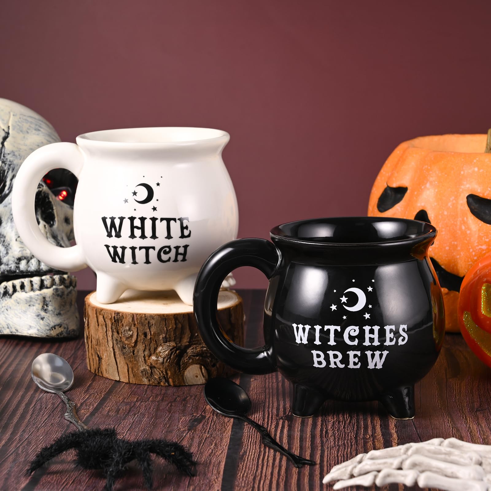 JolliKids 2 Pack Witches Brew Cauldron Mugs Halloween Cauldron Mugs Halloween Gifts 12 Oz Ceramic Coffee Mugs Black and White Cups with 2 Pcs Spoons Halloween Decoration for Tabletop