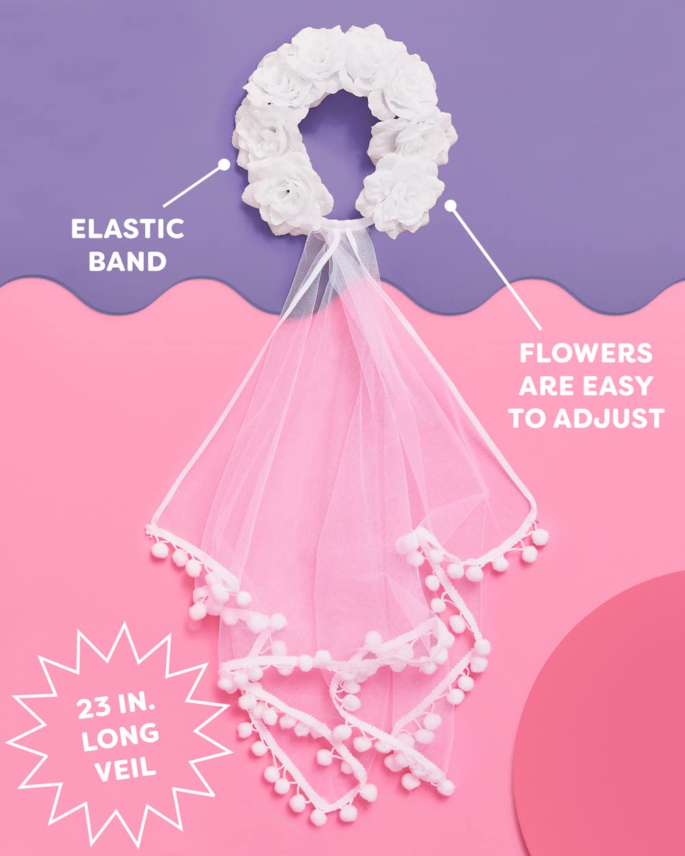 xo, Fetti Bachelorette Party Decorations Veil - White Flower Pom Pom Veil | Bridal Shower | Bride to Be Gift + Engagement Decorations