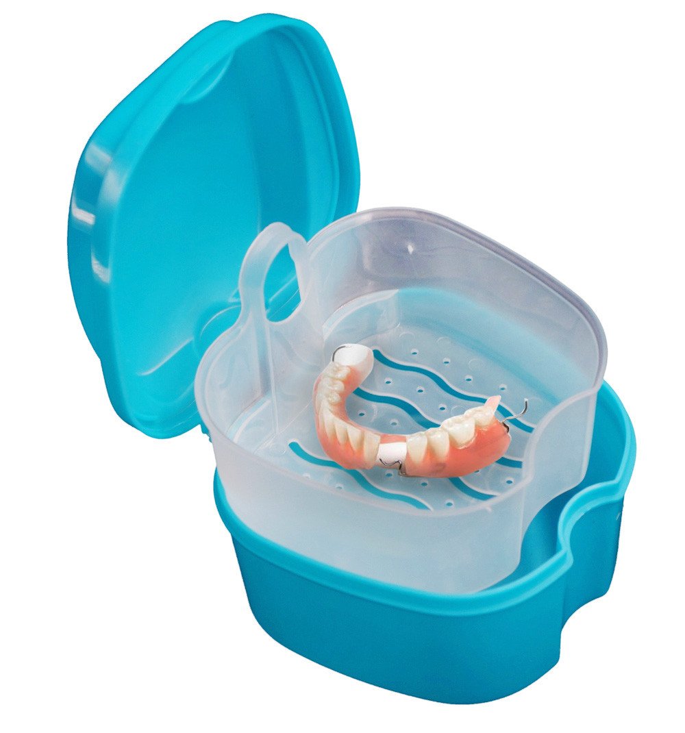 FUELEGO 1pcs Denture Bath Box Cup Retainer Holder Box with Clear Filter Basket Portable Dentures Night Guard & Retainers Complete Clean Care for Dentures