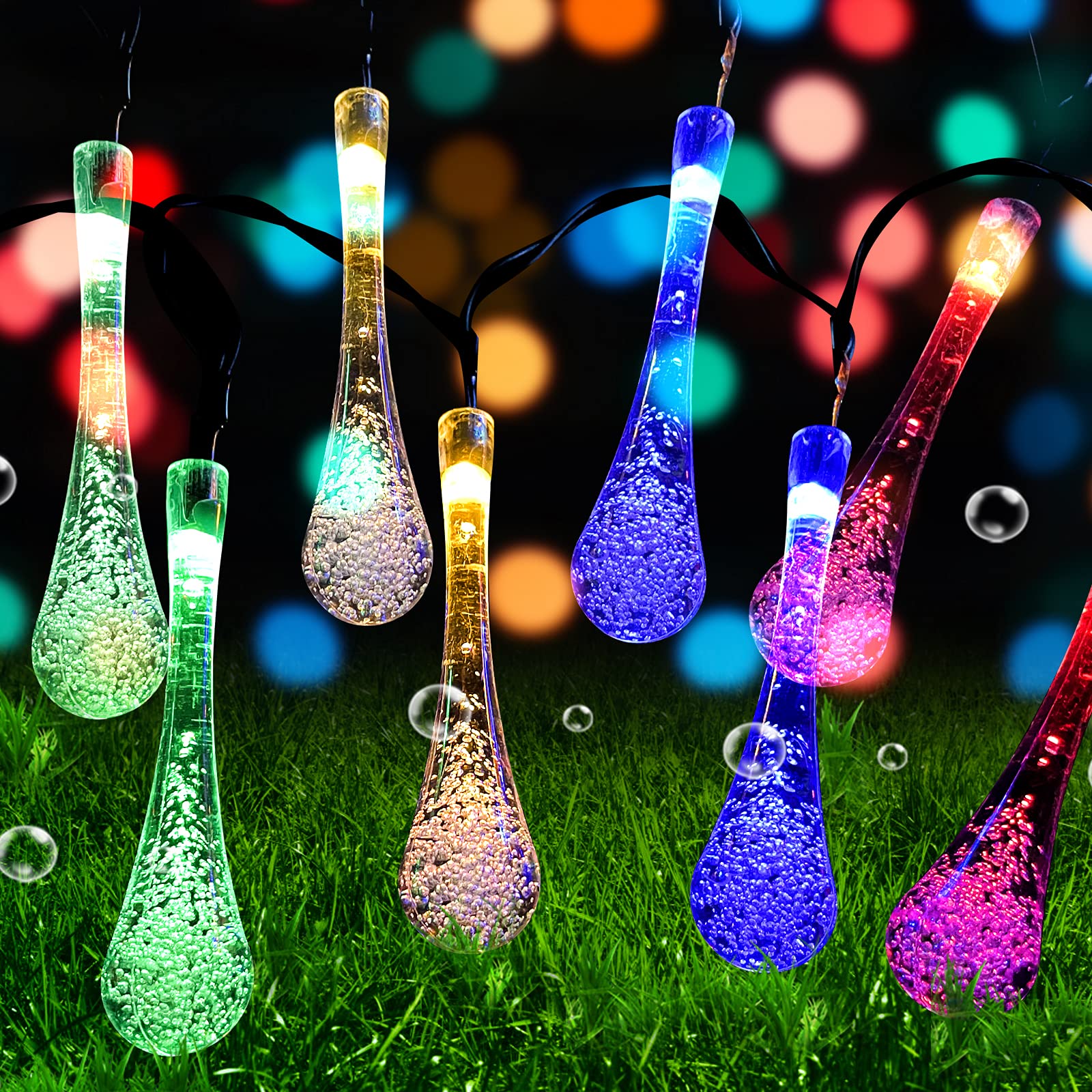 XVZ Outdoor Solar Garden String Lights, 50 LED Solar Water Drop String Lights,Waterproof and 8 Modes LED Fairy Decoration Lights for Christmas,Gardens,Tree, Home(Multicolor)
