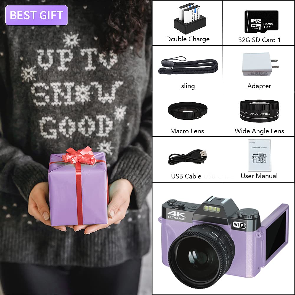 Digital Cameras for Photography, 4K 48MP Vlogging Camera 16X Digital Zoom Manual Focus Rechargeable Students Compact Camera with 52mm Wide-Angle Lens & Macro Lens, 32G Micro Card and 2 Batteries