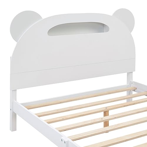 Kids Full Size Platform Bed with Motion Activated Night Lights, Wood Full Bed with Bear-Shaped Headboard, Cute Kids Full Size Bed Frame for Boys Girls (White)