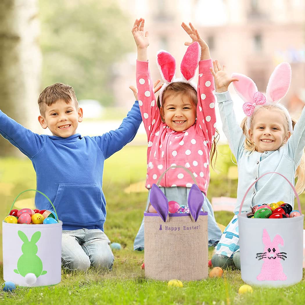 Faylapa Easter Egg Hunt Basket for Kids, Bunny Bag with Fluffy Ears- Partys Celebrate Decoration Eggs Candy Gifts 2Pcs Carry Bucket