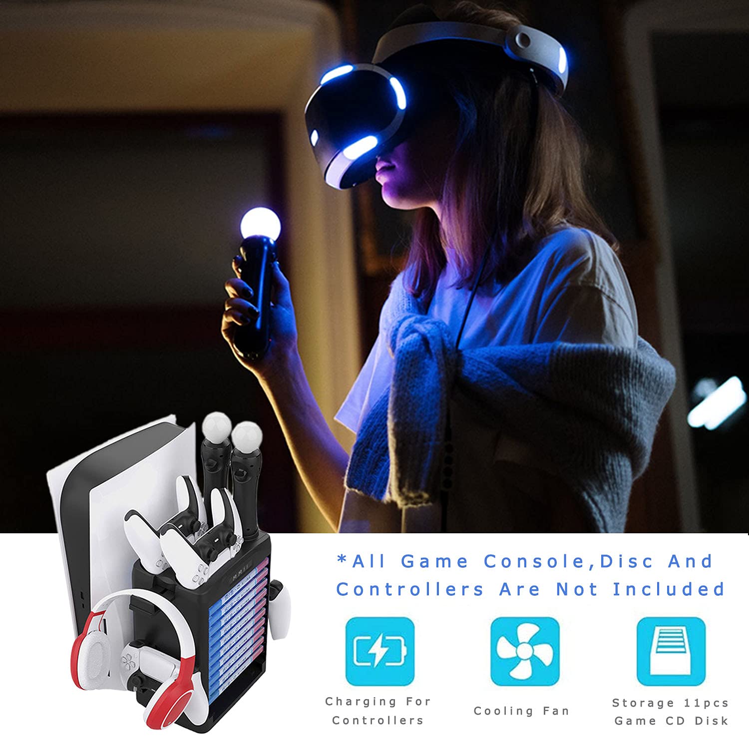 Charging Station for PS5 Controllers PS VR Move,Multifunctional Storage Rack Stand Kit for Playstation 5 Console and PS5 Accessories with 11 Game Disk,Cooling Fan,Headset and PS VR Stand