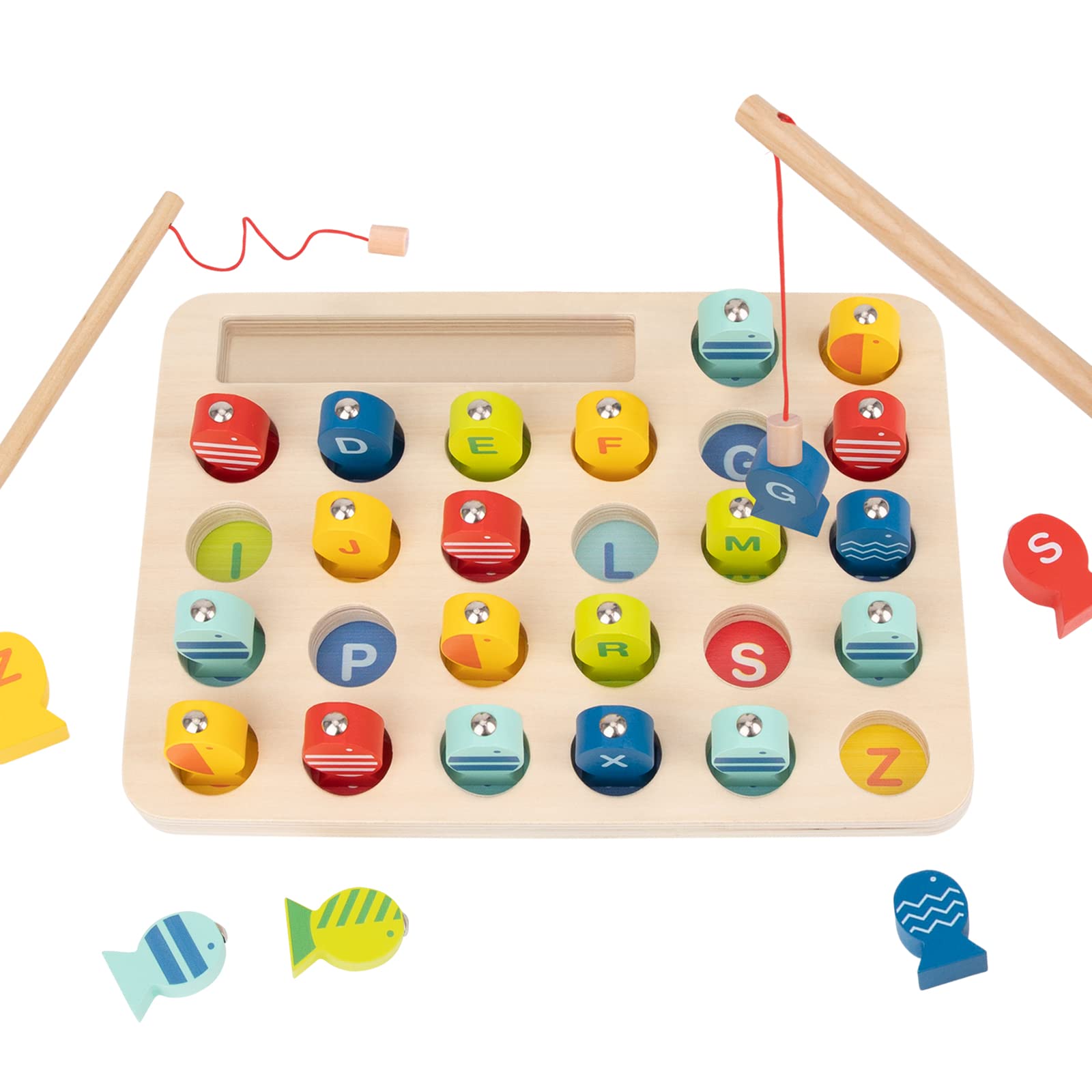 TOOKYLAND Wooden Magnetic Fishing Game - 29pcs - Alphabet and Spelling Educational Sorting Toy for Kids 3 Years Old +