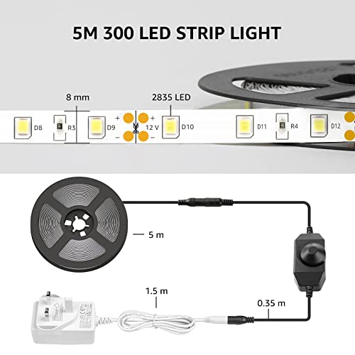 Lepro LED Strip Light White, 16.4ft Dimmable Vanity Lights, 6000K Super Bright LED Tape Lights, 300 LEDs 2835, Strong 3M Adhesive, Suitable for Home, Kitchen, Under Cabinet, Bedroom, Daylight White