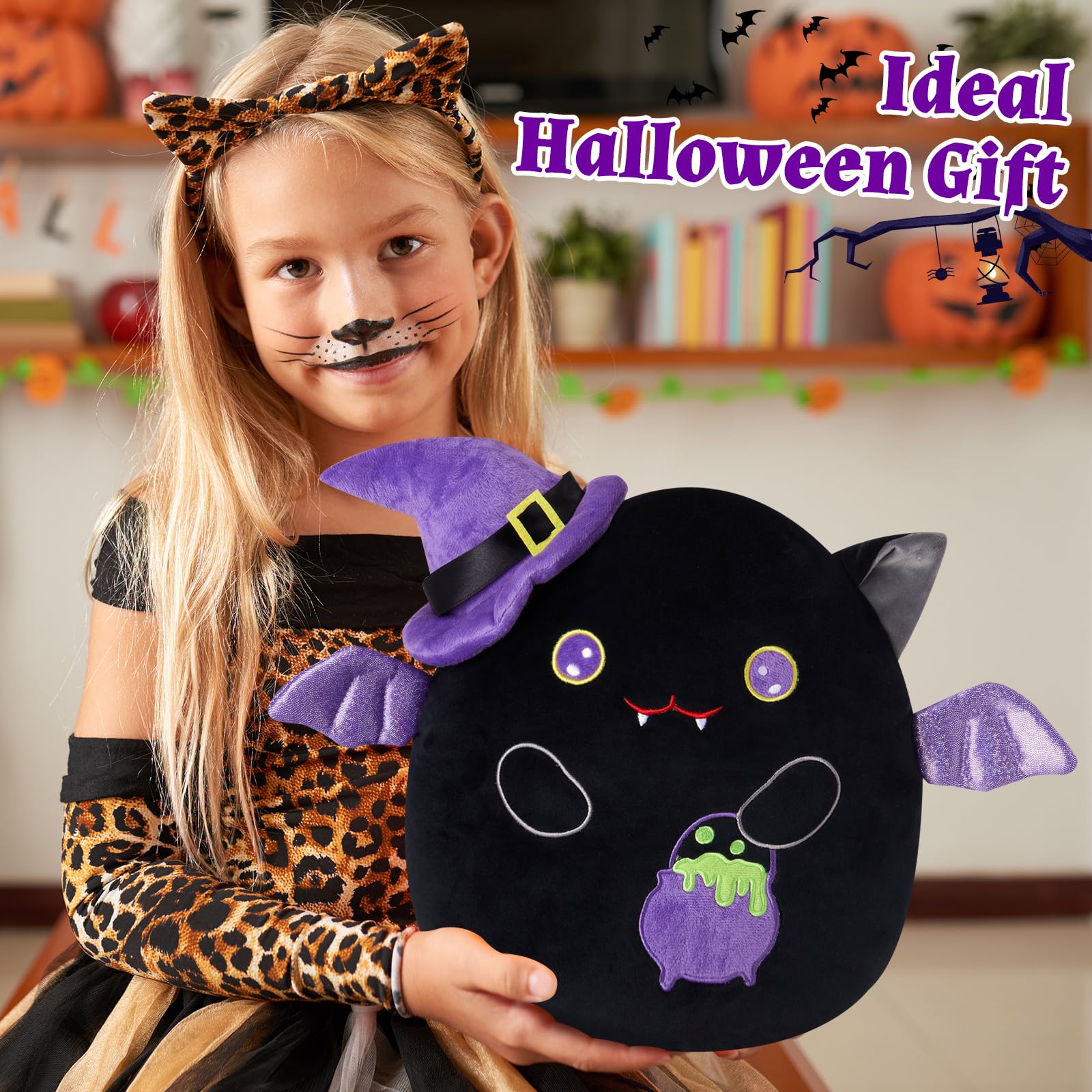 HappySpot Halloween Bat Plush,Black Bat Stuffed Animals with Purple Wizard Hat Witch Cauldron,Cute Halloween Bat Plush Toy,11.8'' Soft Halloween Bat Plushie Pillow Halloween Decoration Gifts for Kids