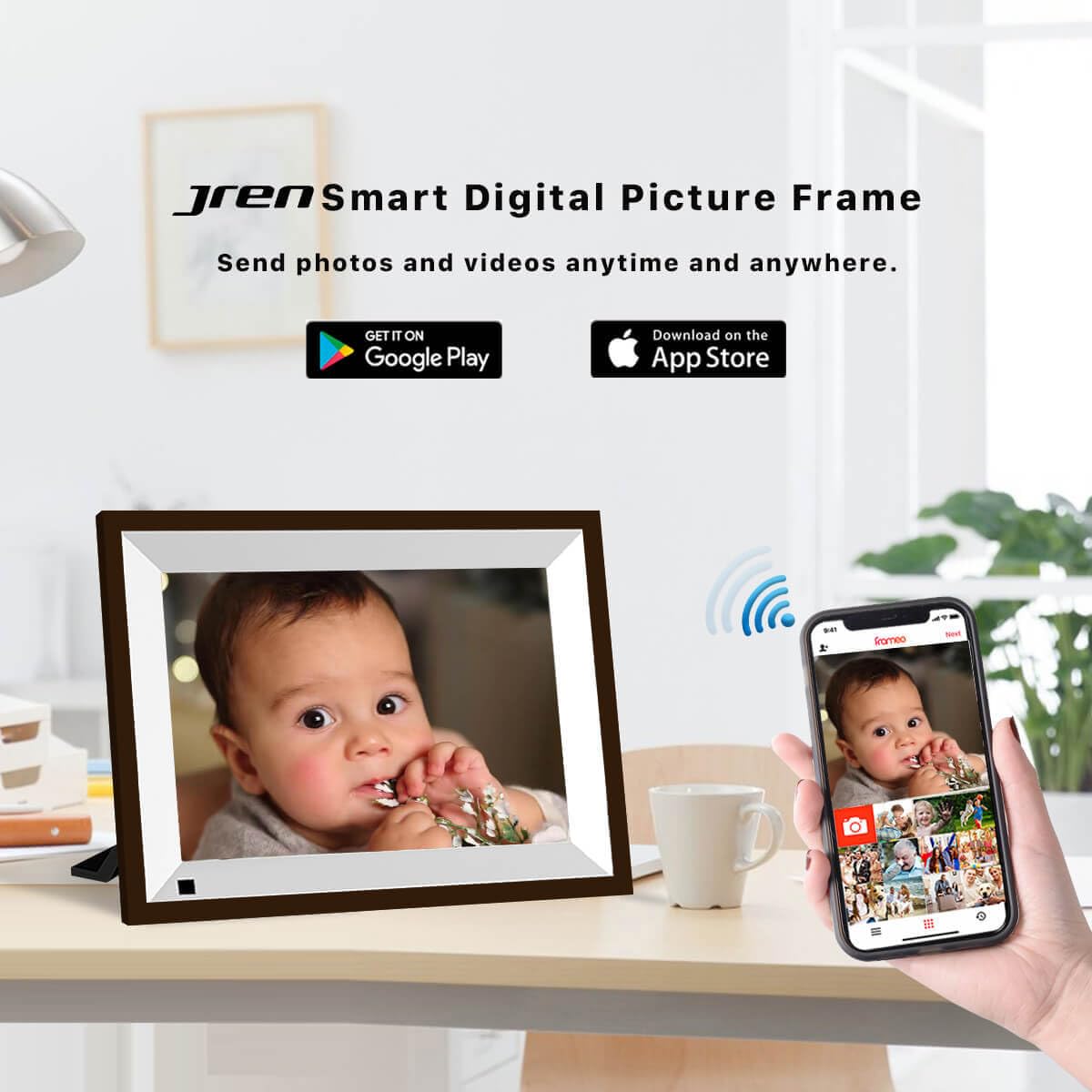 Digital Picture Frame,JREN 10.1 inch WiFi Digital Photo Frame with HD Touch Screen Auto-Rotate, Share Photos and Videos via FRAMEO App Anytime and Anywhere Plastic Frame Color Brown