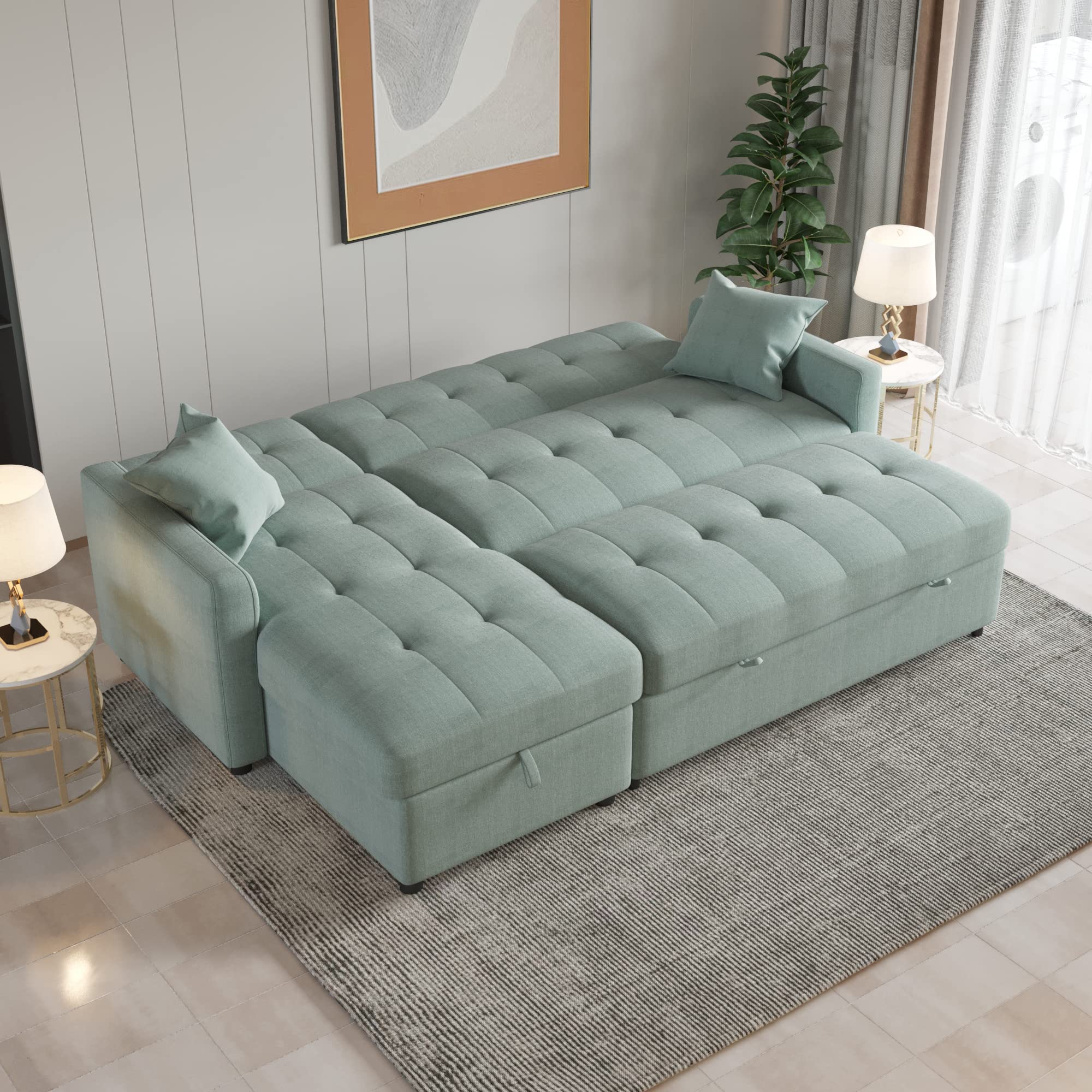 JACH Reversible Sectional Sleeper Sofa, 82'' Wide Pull-Out Sofa Bed with Storage, L-Shape Sectional Sofa with Chaise, 3 in 1 Design Convertible Loveseat for Living Room Small Apartment (Green)