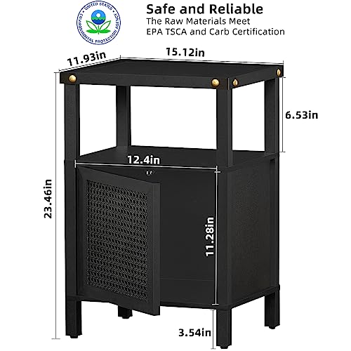 Lerliuo Rattan Nightstand, Side End Table with Handmade Natural Rattan Door and Open Shelf, Wood Accent Night Stand with Storage, Mid Century Modern Bedside Table for Bedroom, Living Room (Black)