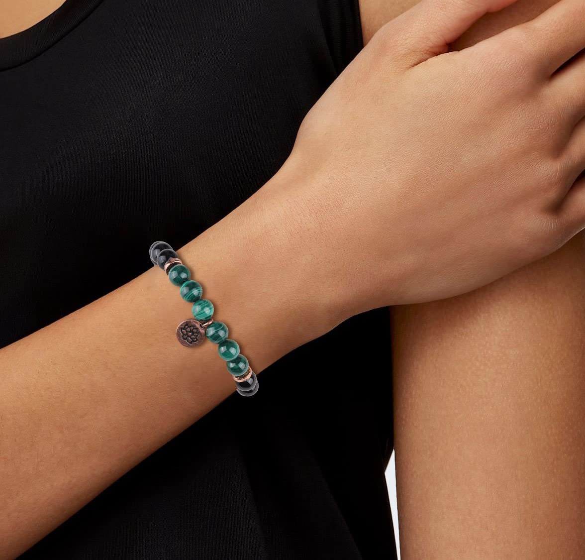 COAI Lotus Charm Black Tourmaline Malachite Stone Bracelet for Women