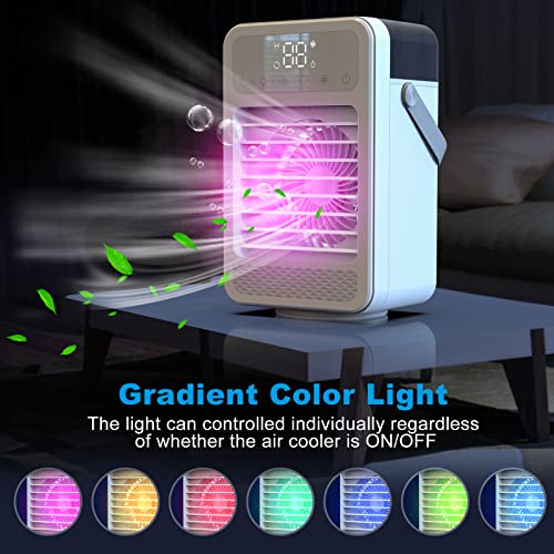 Personal Air Cooler, 90° Oscillated Evaporative Portable Air Conditioners, 5 Wind Speeds Quiet Mini Air Conditioner with Gradient Color Light/Humidifier/1-8H Timing for Desktop Home Office 600ML