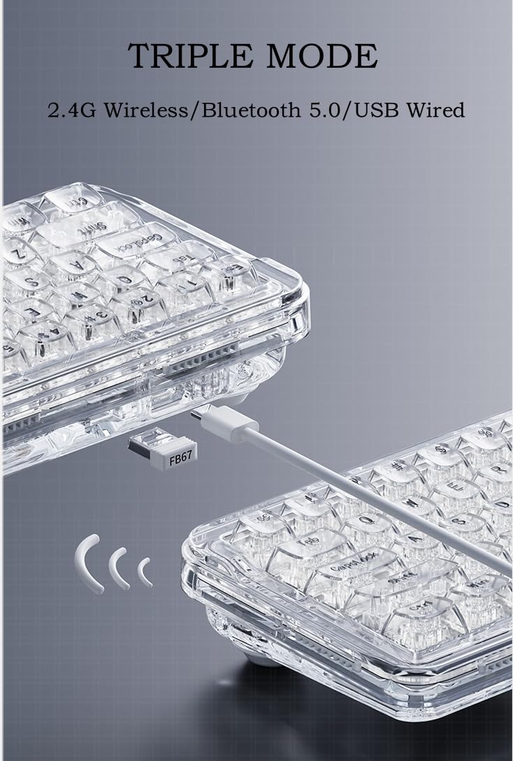 FIRSTBLOOD ONLY GAME. B67 67 Keys Acrylic Transparent Triple Modes Mechanical Keyboard, 2.4G Wireless/Bluetooth 5.0/USB Wired, Hot-Swappable 38g Crystal Linear Switch, 3750mAh Battery, RGB Backlit