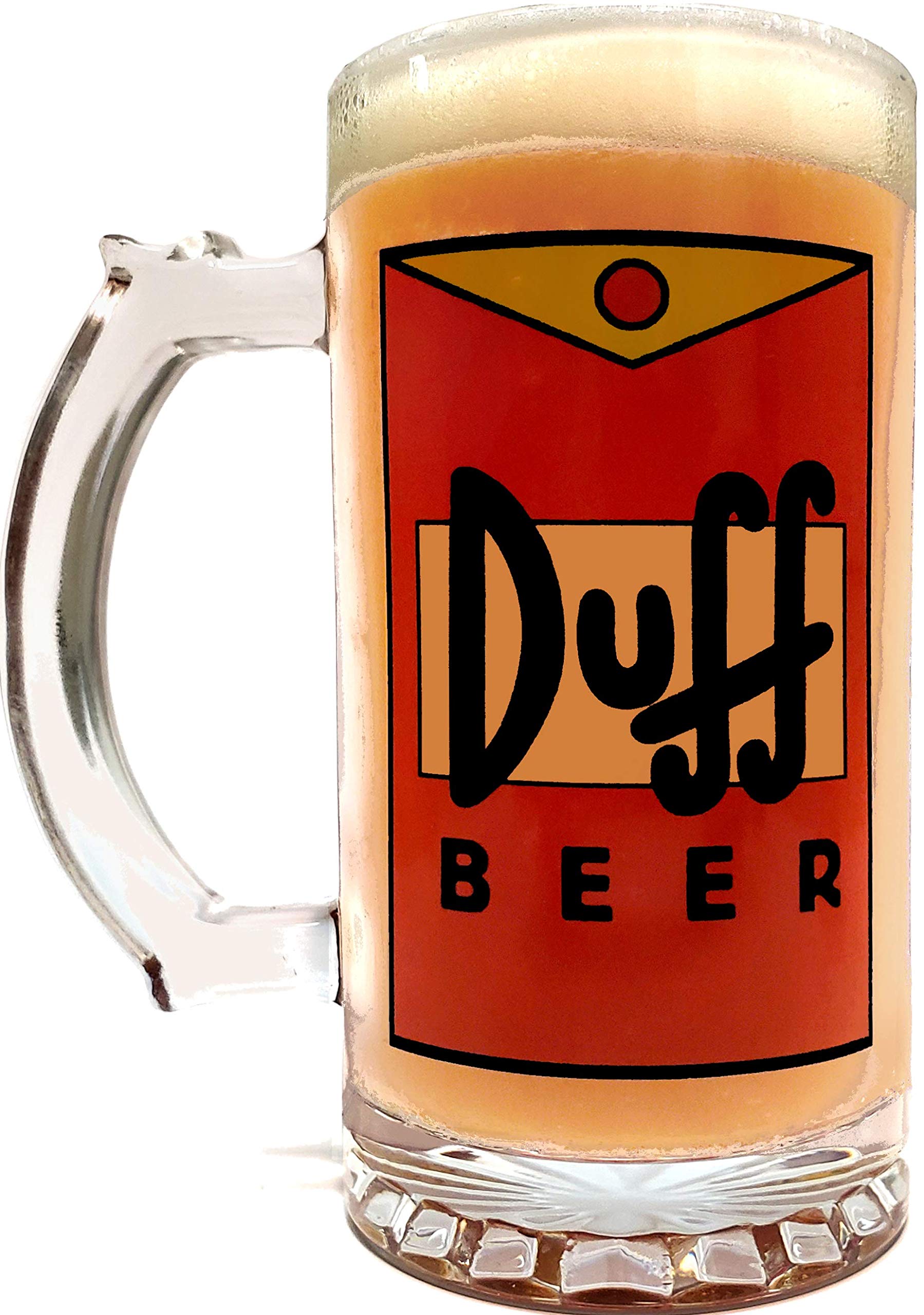 DUFF Beer Mug - 16oz - The Simpsons Inspired - Thick Quality Clear Glass - Artwork On Both Sides - Giftable Foam Protection