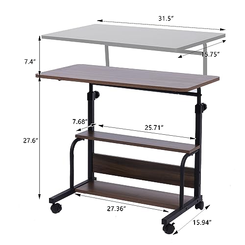 Portable Desk Small Desks for Small Spaces Laptop Table Brown Rolling Adjustable Desk on Wheels Mobile Couch Desk for Bedroom Home Office Computer StandingĀ Desk Student Desk with Storage 32x16 Inch