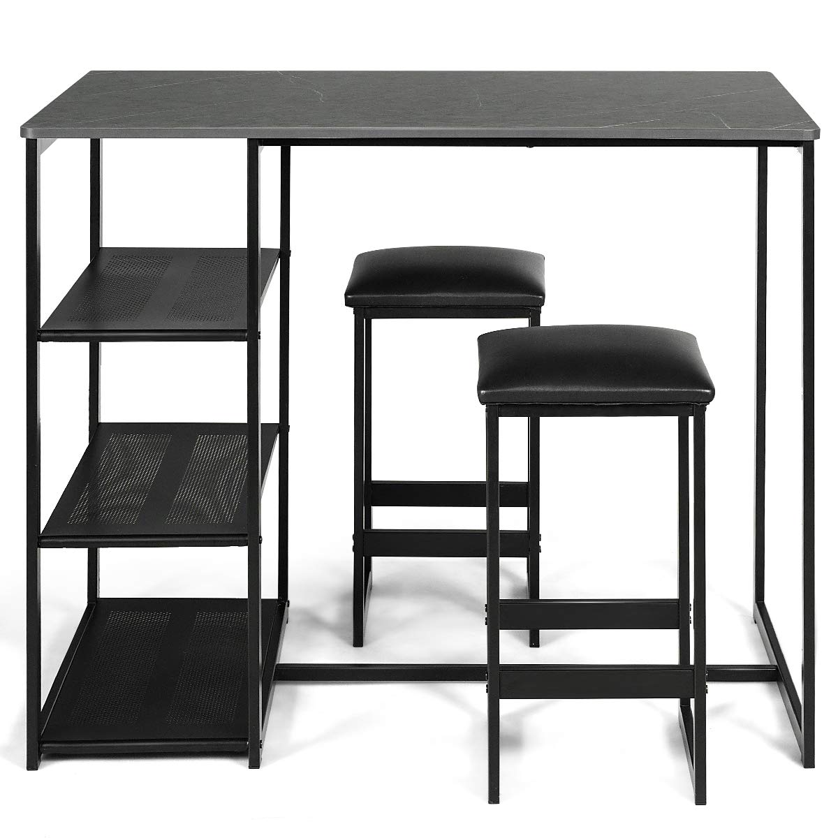 COSTWAY 3-Piece Dining Set, Compact 2 Chairs and Table Set, Kitchen Set with Rectangular Faux Marble, 3 Metal Storage Shelves, Fashionable Simple Style, Kitchen Counter Height Table Set (Gold)