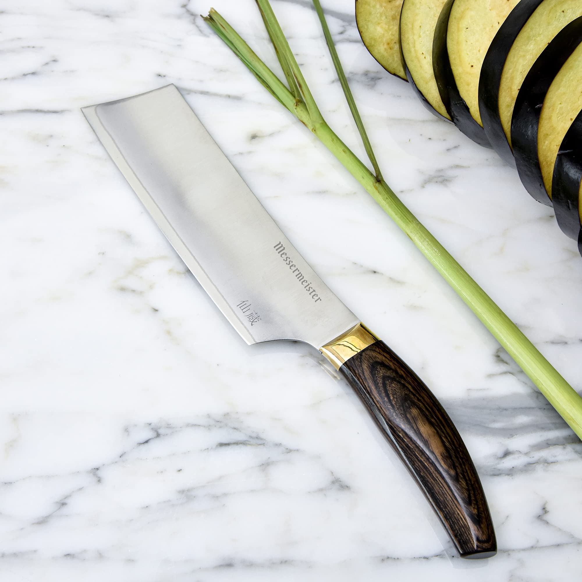 Messermeister Kawashima 6” Nakiri Knife - SG2 Powdered Steel, Eco-Brass Bolster & Walnut Pakkawood Handle - Made in Seki, Japan