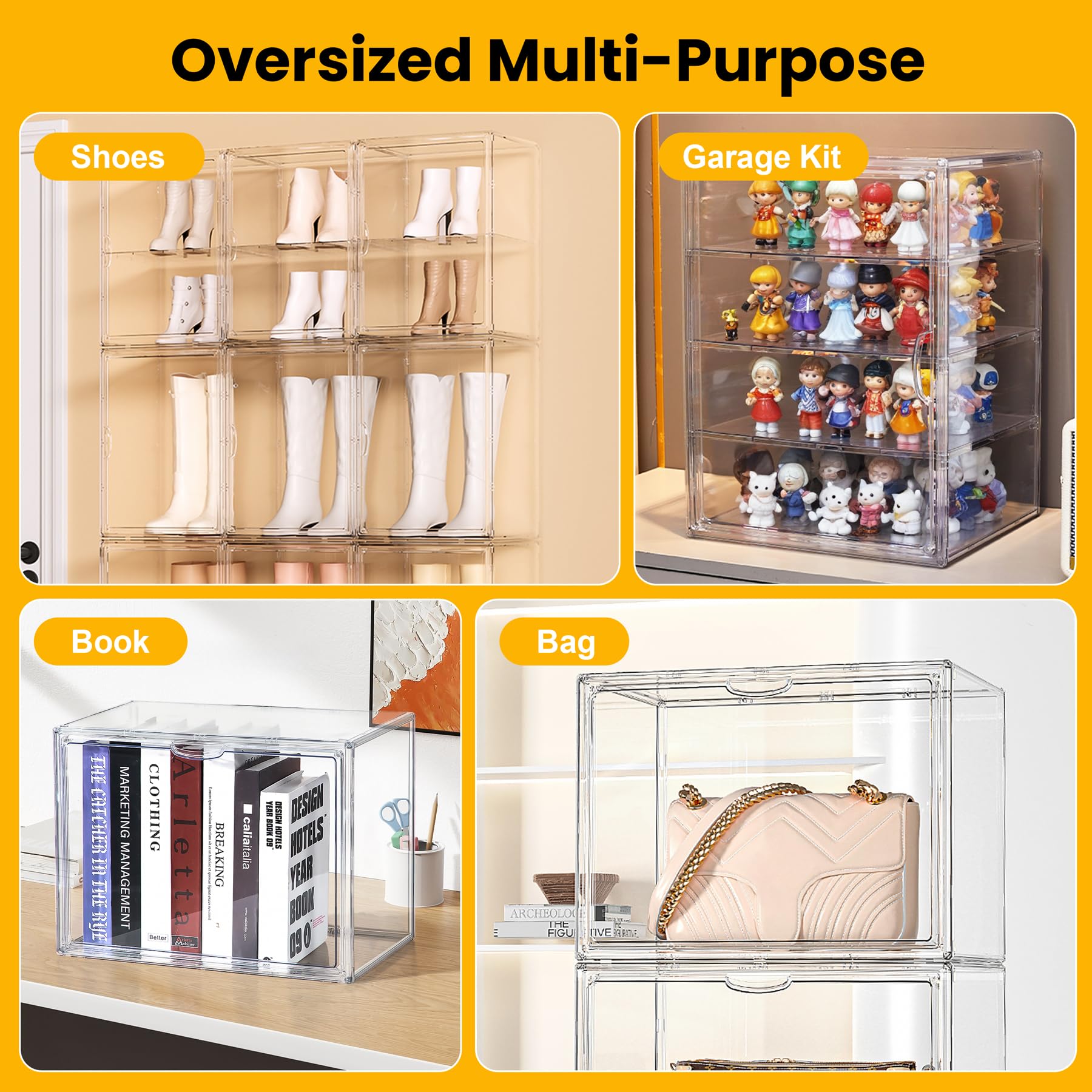JOYHAUE 9 Pack XX-Large Acrylic Shoe Storage Boxes, Boot Shoe Box Organizers with an Adjustable Divider,Shoe Boxes Clear Stackable with Magnetic Lids, Big Display Case