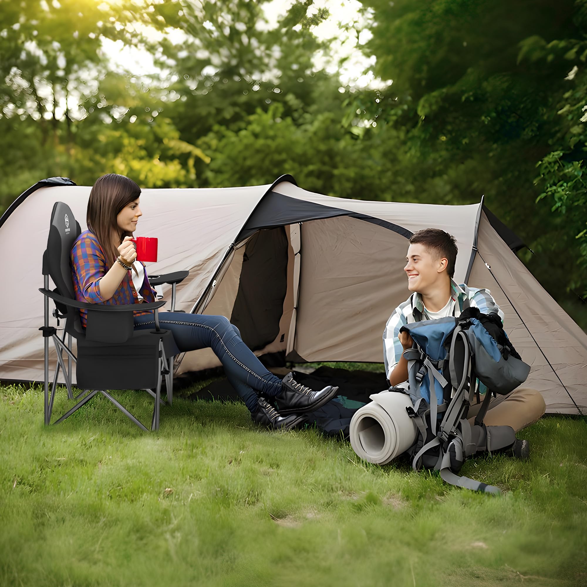Coastrail Outdoor Camping Chair Oversized Padded Folding Quad Arm Chairs with Lumbar Back Support, Cooler Bag, Cup Holder & Side Pocket, Extra Head Pocket, Supports 400 lbs (Black, Modern)