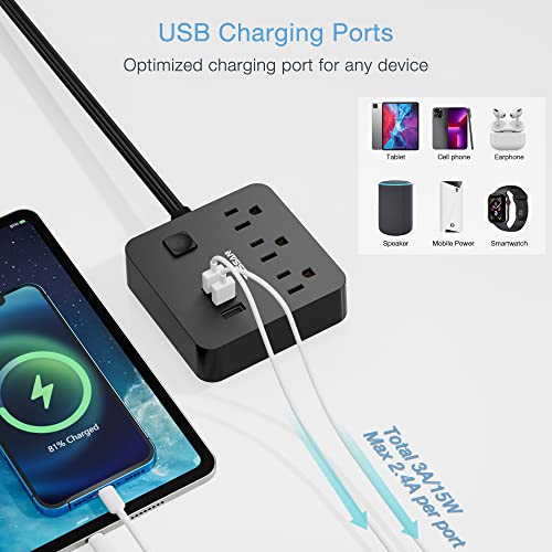 Flat Plug Power Strip, TESSAN Ultra Thin Extension Cord with 3 USB Wall Charger, 5 ft Slim Desk Charging Station Compact for Cruise Ship, Travel, Home, Office, Dorm Room Essentials, Black