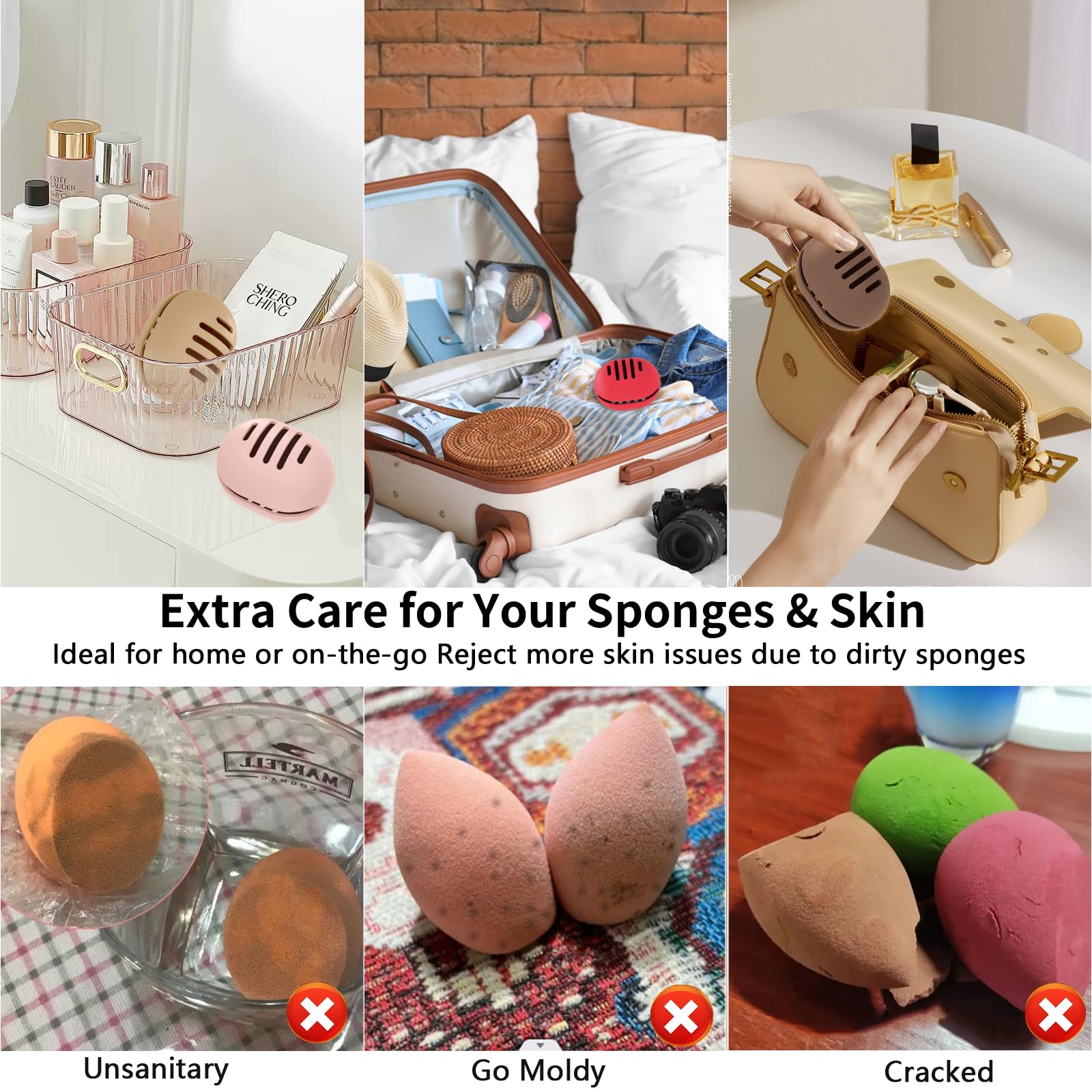 Fauxomor 2 Pcs Makeup Sponge Holder,Double-Sided Breathable Silicone Beauty Blender Holder for Travel or Daily,Shatterproof Make-up Travel Case Quick Drying Easy to Carry,Grey+Pink