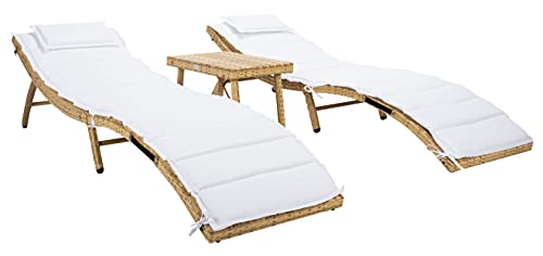 SAFAVIEH Outdoor Collection Carew Natural/White Cushion 3-Piece Chaise Lounge Chair Set with Table (PAT7720D)