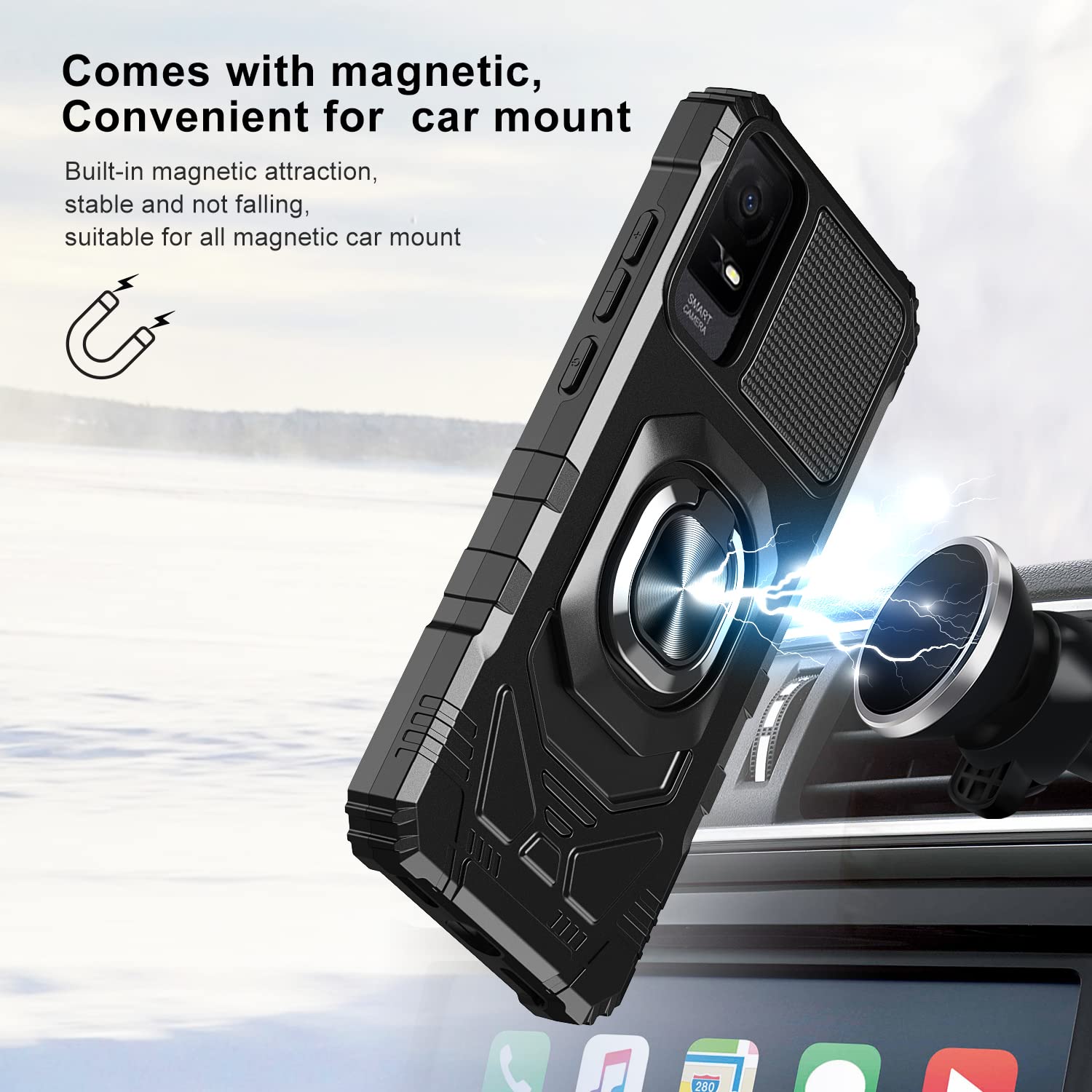 Compatible for TCL ION X Case/TCL ION V Case with Tempered Glass Screen Protector [Military Grade] Ring Car Mount Kickstand Shockproof Hard Phone Case - Black