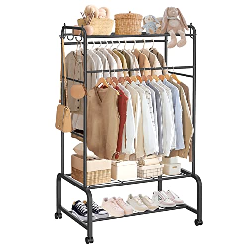 PouHenier.jh Clothing Racks on Wheels for Hanging Clothes with Coat Hook, Upgrade Heavy Duty Rolling Rack for Clothes Organizer, Freestanding Double Rod Metal Garment Rack with Shelves(Black)ā¦