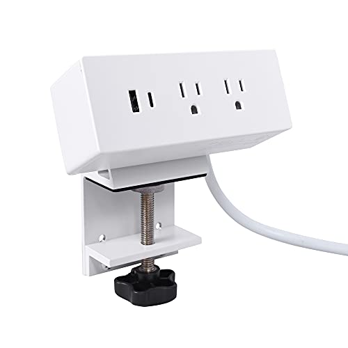 Frassie Desk Clamp Power Strip Desktop Edge Mount Outlets with Type-A and Type-C USB Charging Ports 2 AC Outlets, Removable Power Plugs with 6ft Power Cord for Home Office