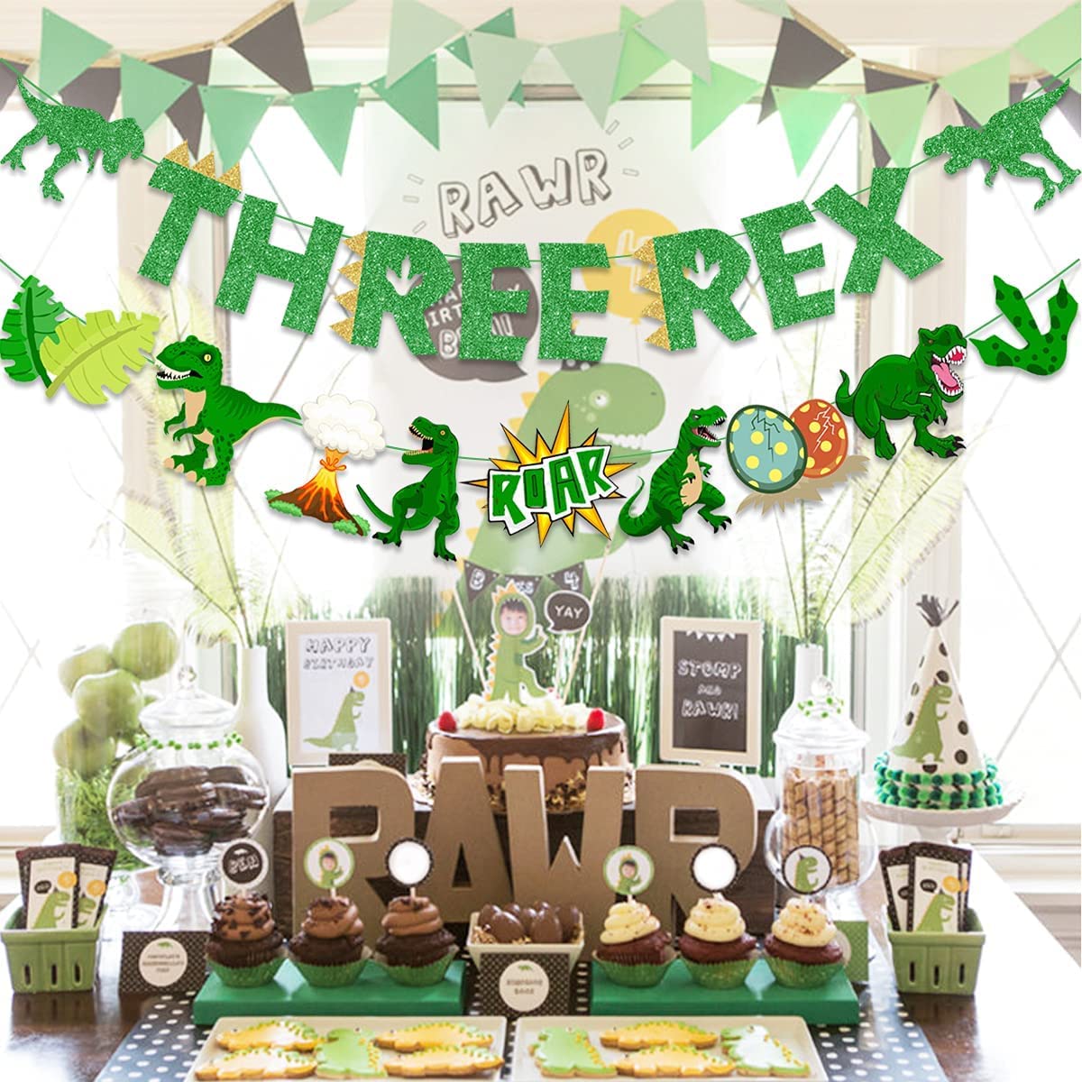 Dinosaur 3rd Birthday Decorations, 3 Rex Birthday Party Supplies - Three Rex Banner, Cake&Cupcake Toppers, Dinosaur Balloons,Temporary Tattoos for Roar I’m 3 Boys Girls Birthday