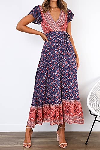 R.Vivimos Women's Summer Short Sleeve Floral Print Bohemian Beach Waist Tie Wrap Long Flowy Dress with Slit (XL, Dark Blue#2)