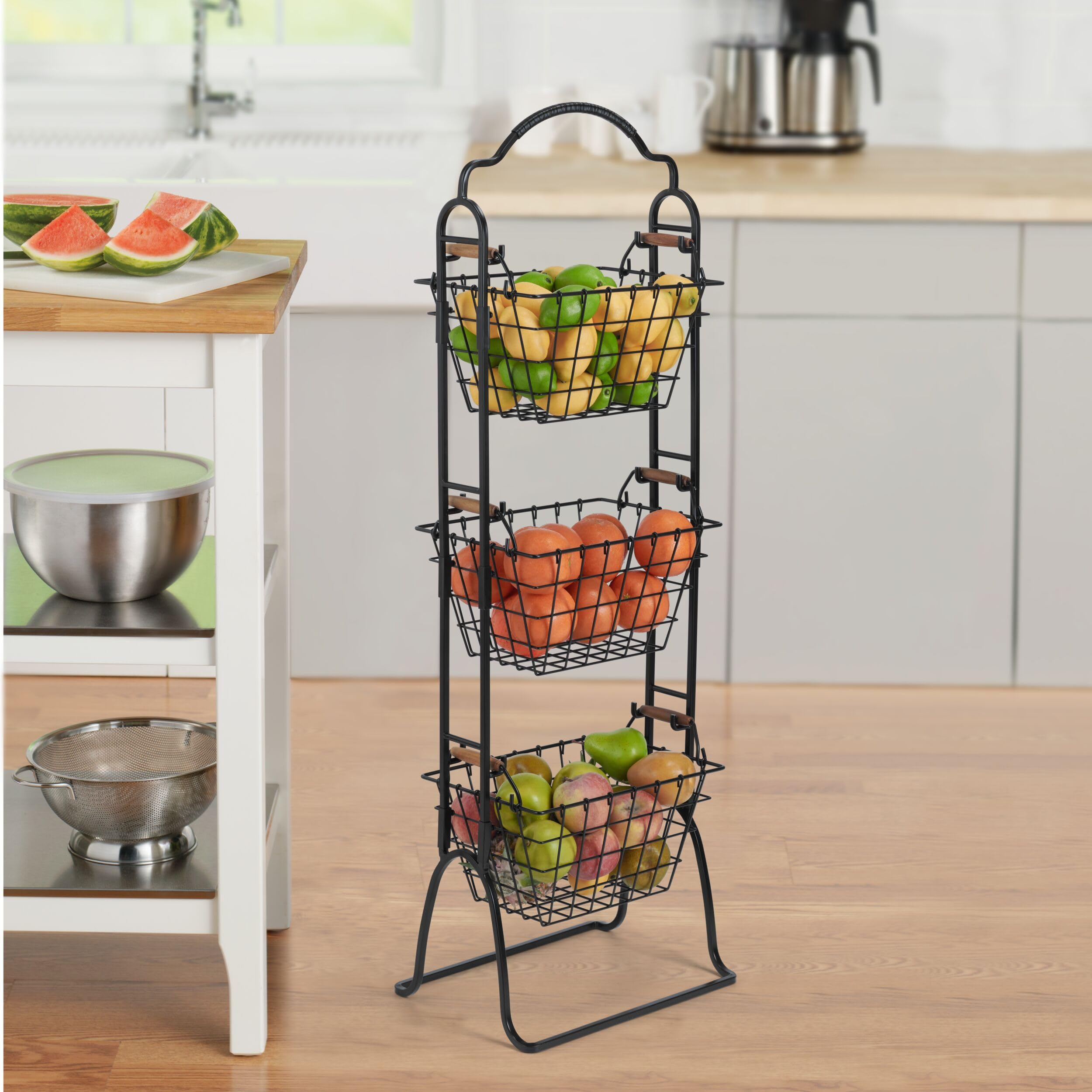 Gourmet Basics by Mikasa Pacific Floor Standing Storage Basket, 3 Tier, 48 x 16 x 13 Inch, Black