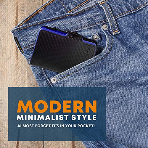 Card Blocr Pop Up Credit Card Wallet, RFID Blocking Credit Card Holder for men, Cool Wallets for Men in Carbon Wallet Design, Compact Card Holder Wallet for Secure Storage (Blue Carbon Fiber)